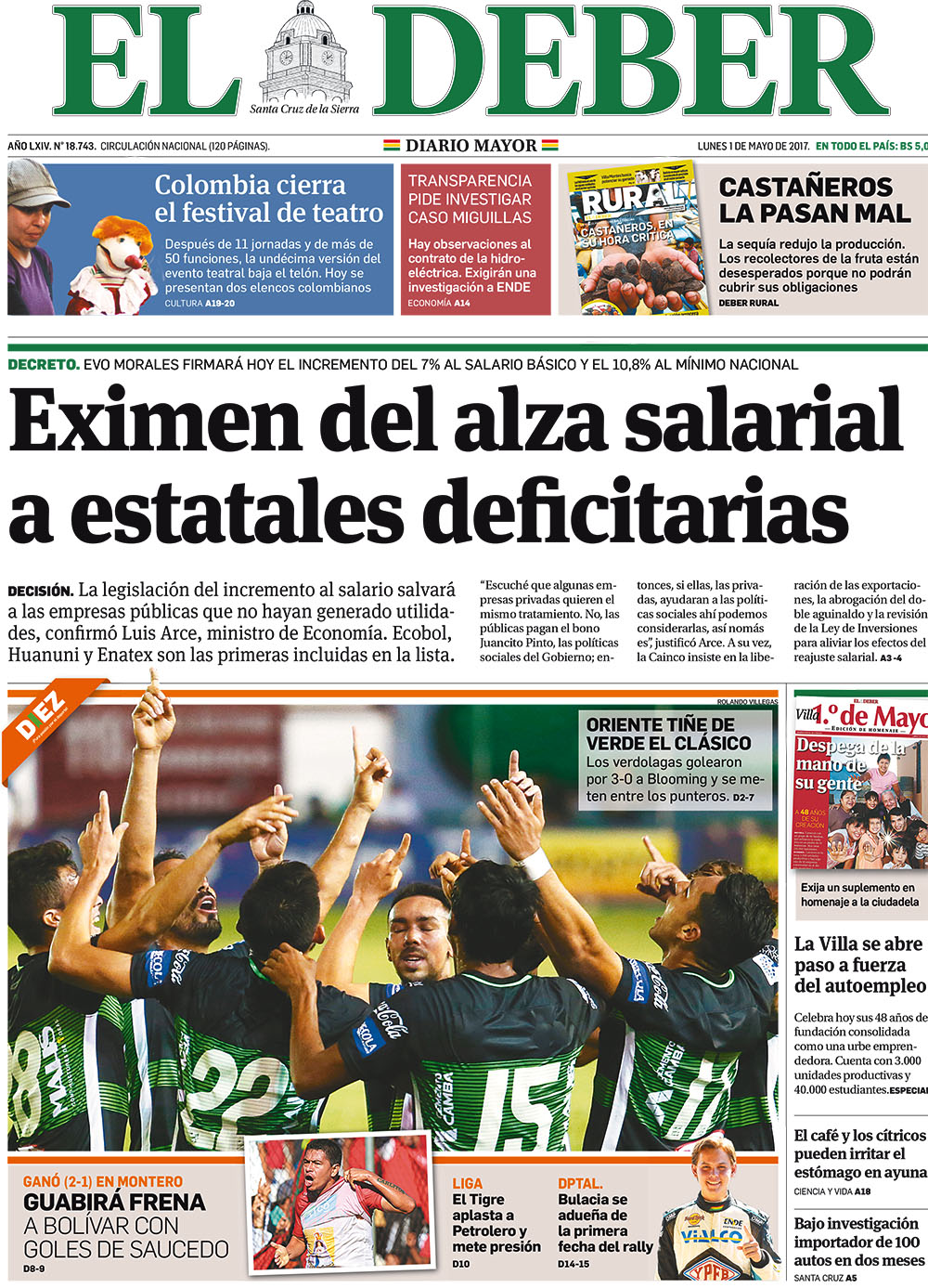 Portadas de periódicos de Bolivia del lunes 1 de mayo de 2017 – eju.tv