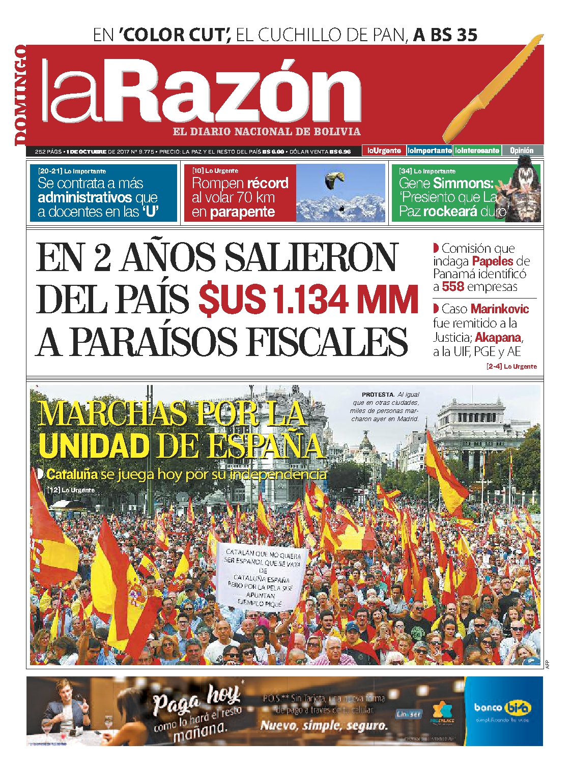 Portadas de periódicos de Bolivia del domingo 1 de octubre de 2017 – eju.tv