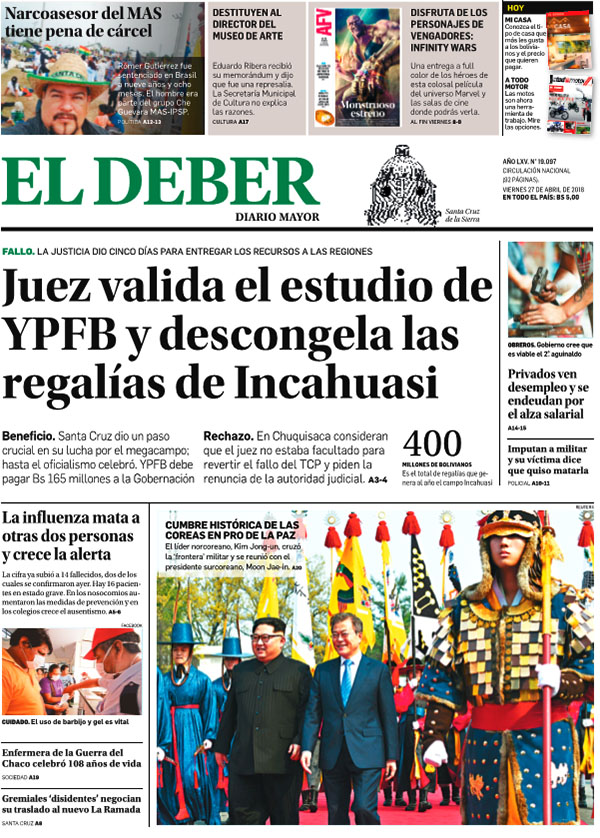 Portadas de periódicos de Bolivia del viernes 27 de abril de 2018 – eju.tv